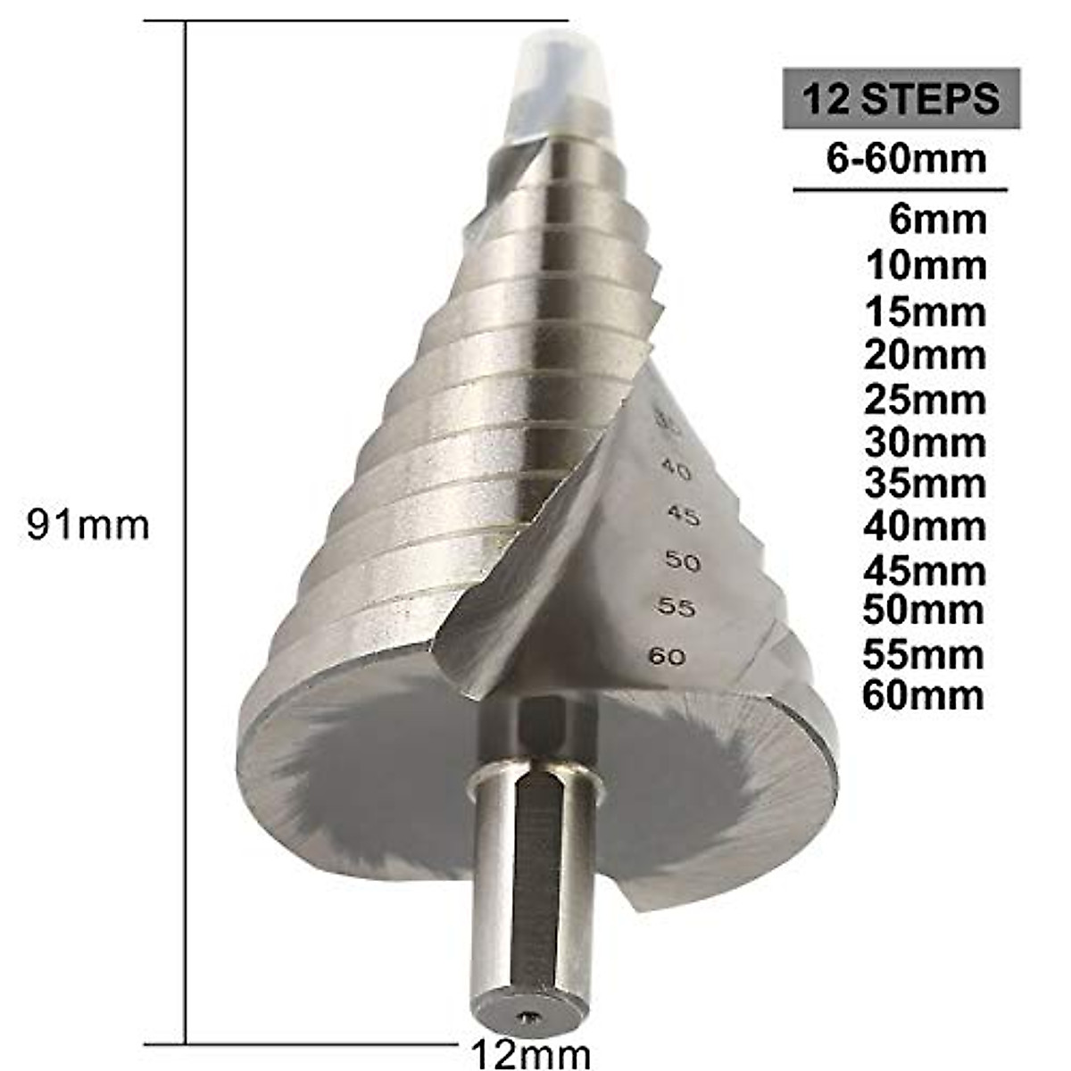 OCGIG Large Spiral Groove Step Drill HSS Cone Bit Hole Cutter Stepped Up Unibit 6-60mm 12 Steps for Aluminium Metal Wood PVC