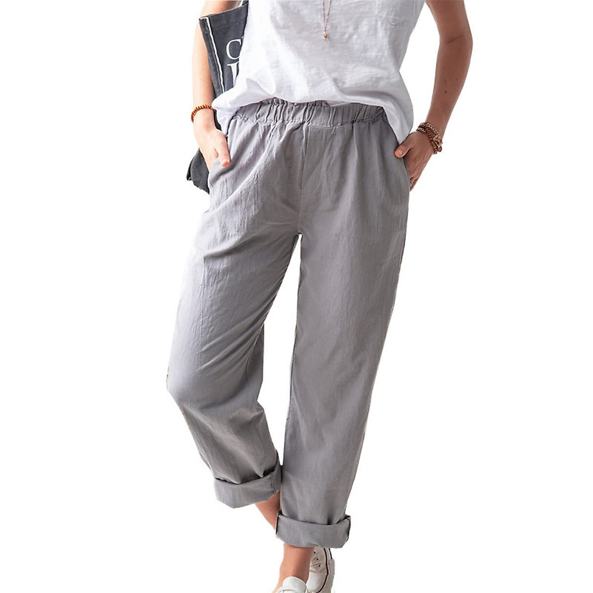 XUWNEI Women's Cotton Linen Pants Elastic High Waist Straight Palazzo Lounge Smocked Loose Trousers with for Ladies Pockets One Piece Grey XL