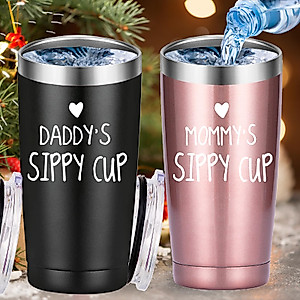 Daddy's and Mommy's Sippy Cup Travel Mug Tumbler.Couple Gifts.Fathers Mothers Day Anniversary Birthday Christmas Gifts for Mom Dad.Dad Mom Parents Gifts from Daughter Son.(20oz Black&Rose Gold)