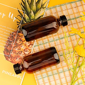 PINIWON 24 Pack 4 oz Amber Glass Bottles, 120ml Boston Round Sample Bottles with Black Poly Cone Caps, Labels, Funnels and Brush