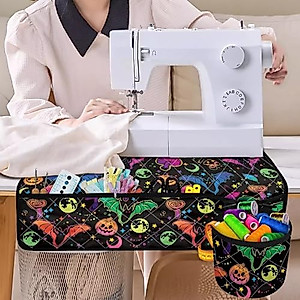 HUISEFOR Halloween Bat Sewing Machine Pad for Table with Pockets, Hippie Sewing Machine Pad Reduce Vibration Waterproof Sew Machine Pad to Reduce Noise