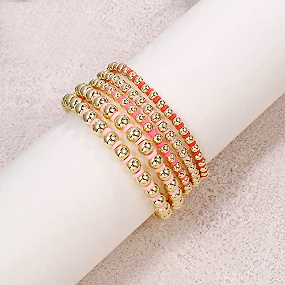 CONRAN KREMIX Gold Beaded Bracelets 14K Gold Plated Bead And Pink Heishi Clay Bead Stackable Stretch Bracelet Set Gold Jewelry For Women