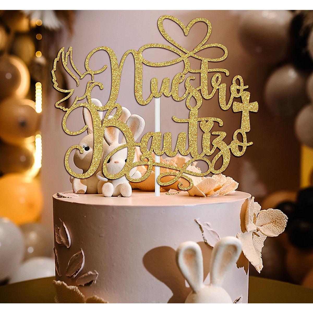 Nuestro Bautizo Cake Topper, Spanish First Holy Communion, My Baptism Day, Bridal Shower/Wedding/Baptism/Christening Baby Shower Party Decorations, Gold Glitter