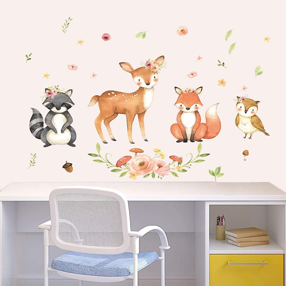 Supzone Woodland Animal Wall Decals Cartoon Animal Wall Stickers Cute Raccoon Deer Fox Owl Forest Animal Wall Decal for Kids Baby Nursery Playroom Bedroom Wall Decor
