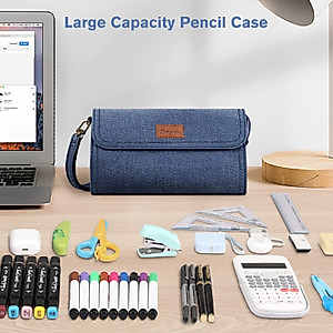 FINPAC Big Capacity Pencil Case, Pen and Marker Holder Organizer Bag, Canvas Pencil Box Stationery Pouch w/Zipper and Wrist Strap for Adults Artist College Senior, Navy