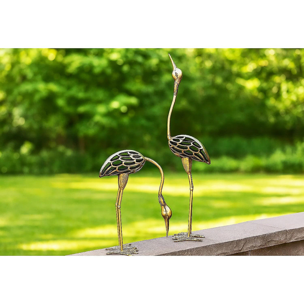 Seraphic Cast Iron Garden Decor Crane Bird Statues, Rustic Bronze, Set of 2