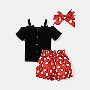 PATPAT Toddler Girl 3 Piece Outfit Button Front Short Sleeve Tee Top Shirt and Polka Dot Print Shorts Set Red 3 Years