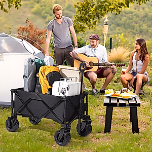 VINGLI Collapsible Wagons Carts, Heavy Duty Foldable Utility Garden Grocery Shopping Cart with Big All-Terrain Beach Wheels & Drink Holders with 220lbs Weight Capacity (Black)