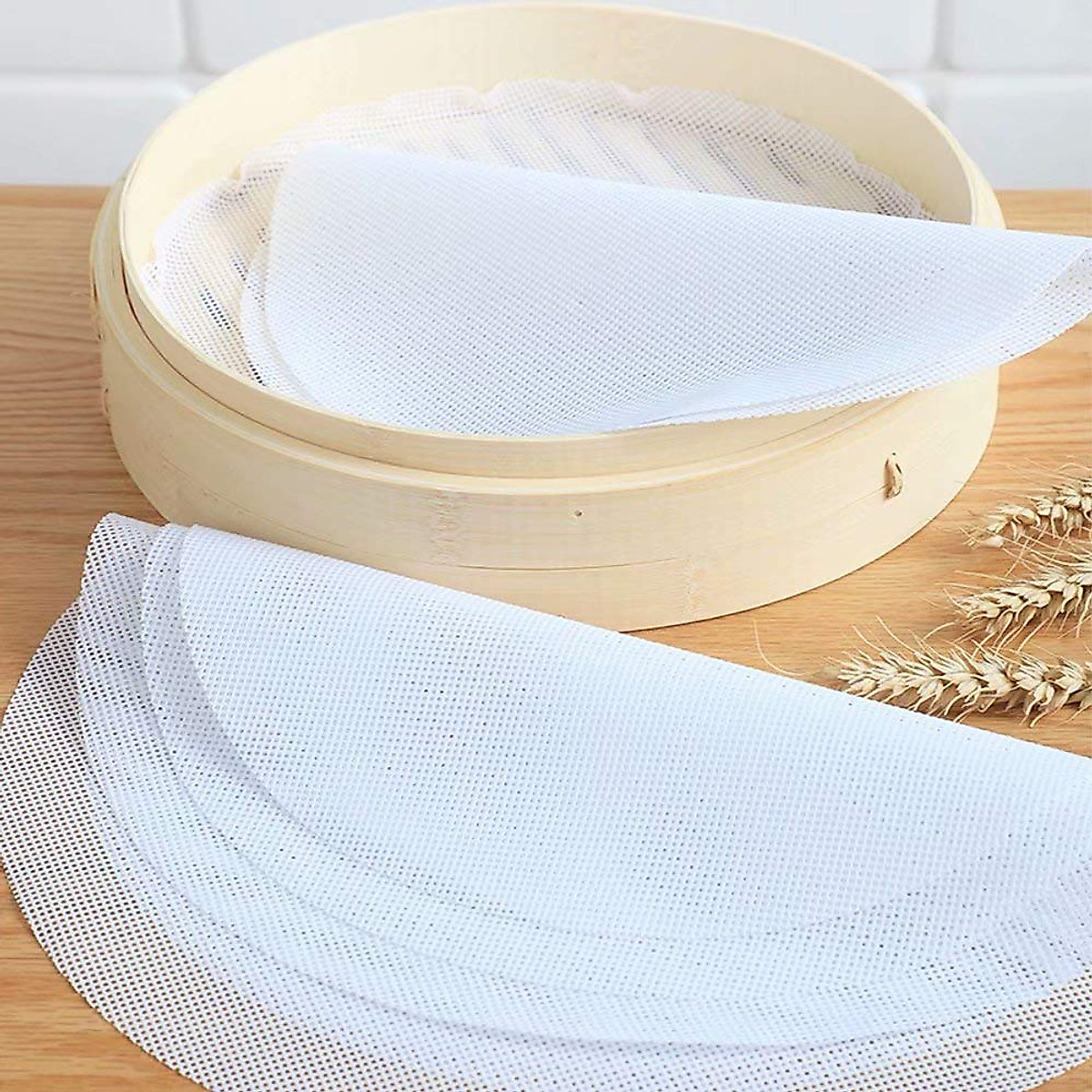Reusable Silicone Bamboo Steamer Liner 12 inch Round Steamer Mesh Pad for Buns Dumplings Dim Sum, Heat Resisitance&Evenly| Silicone Dumplings Pad, 6 Pack, White, 12''