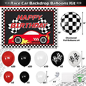 Vansolinne Race Car Birthday Decorations Party Supplies Passionate Red Racing Backdrop Banner and Balloon Garland Kit, 83pcs Race Car Checkered Flags Cross the Finish Line Background Photo Props