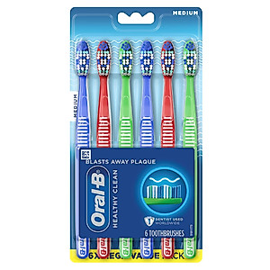 Oral-B Healthy Clean Toothbrushes, Medium Bristles, 6 Count (Assorted Colors)