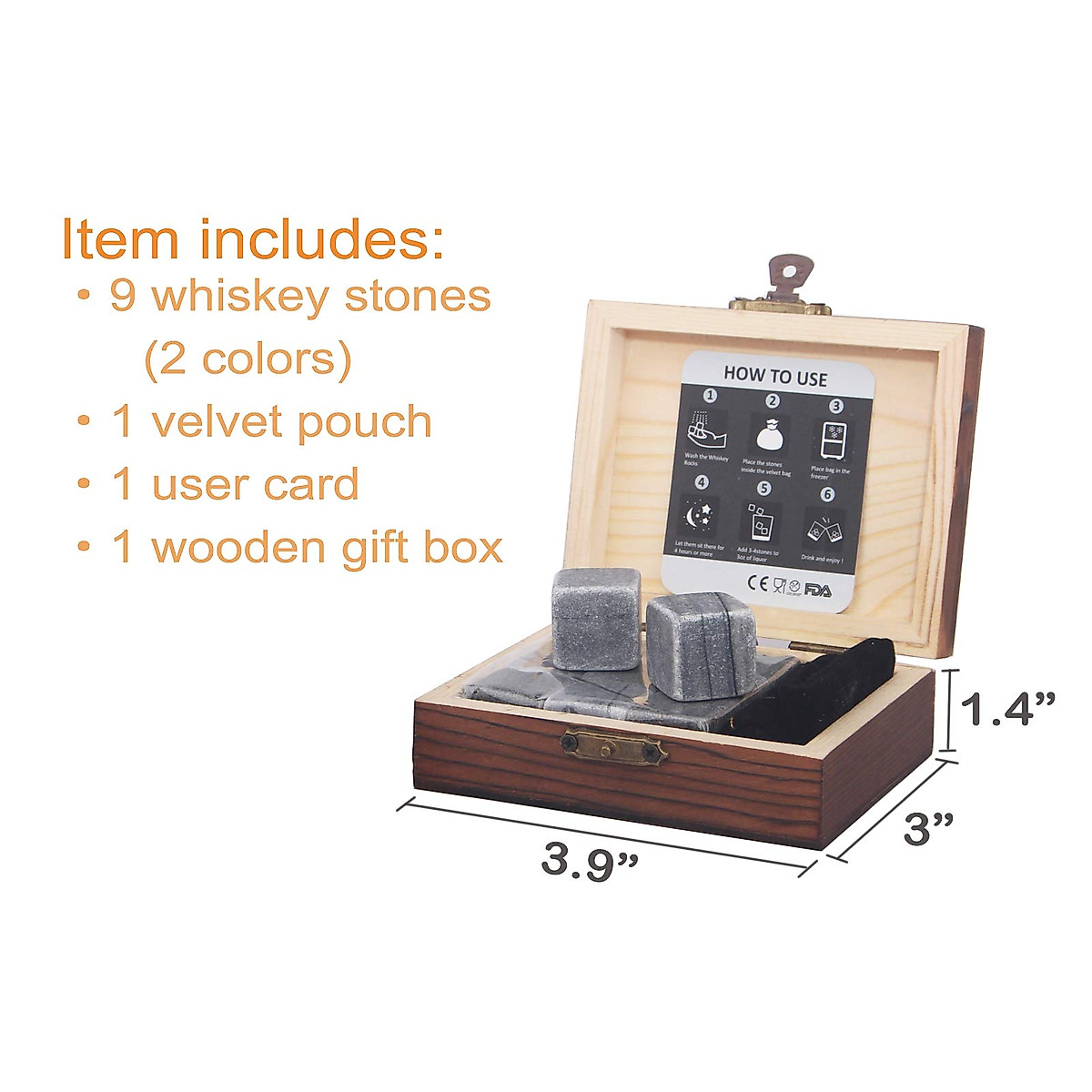 Whiskey Stones Gift Set Pack of 9 Whiskey Rocks in Engraved Wooden Gift Box, for Dad/Whisky/Bourbon Drinker, Men/Women Birthday Present, Barleo Malt°