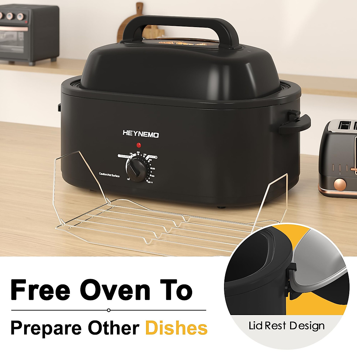 26 Quart Electric Roaster Oven with Visible & Self-Basting Lid, Large Turkey Roaster with Defrost Warm Function, Adjustable Temperature, Removable Pan Rack, Stainless Steel, Black