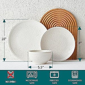 Pokini Ceramic Dinnerware Sets, Beige Relief Plates and Bowls Sets, 12 Pieces Stoneware Dinnerware Set Service for 4, Vintage Look Kitchen Dish Set, Handmade Highly Chip and Crack Resistant Dishes