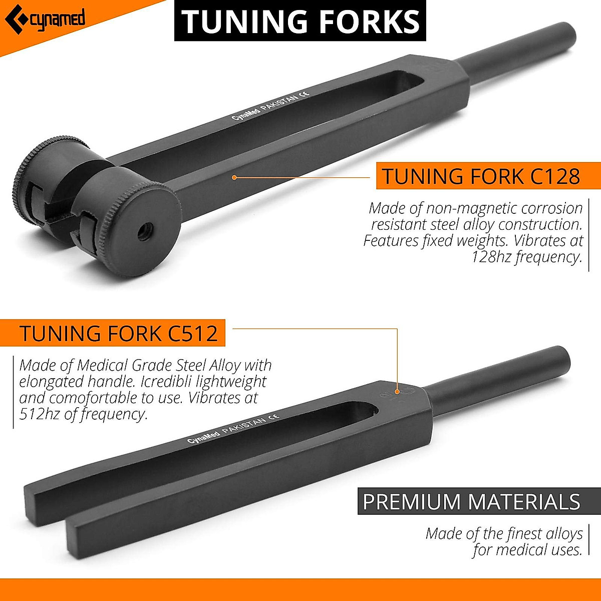 Cynamed Medical Student Diagnostic Kit - Includes Reflex Hammer, Tuning Fork Set C 128hz and C 512hz, Bandage Scissors 5.5 inch, and Penlight with Pupil Gauge - Nursing, EMT, Medical Student Tool kit