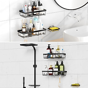 Moforoco 3-Pack Shower Caddy Basket Shelf with Soap Holder, No Drilling Traceless Adhesive Shower Wall Shelves, Rustproof Black Bathroom Shower Storage Organizer…