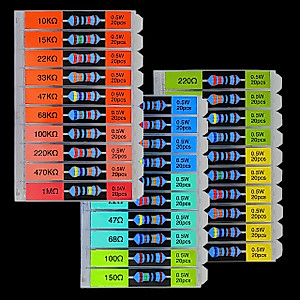 EEEEE 1/2W 30 Values 600pcs Individual Compartment 1 Ohm-1M Ohm with 1% Metal Film Resistor Assortment Kit and Electrical Industrial Assorted Set K Ohm Pack for Led Lights