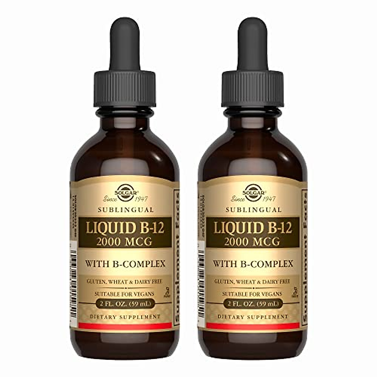 Solgar Sublingual Liquid B-12 2000 mcg with B-Complex, 2 fl oz- 2 Pack - Supports Production of Energy, Red Blood Cells - Healthy Nervous System & Heart Health - Vegan, Gluten Free - 59 Total Servings