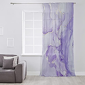 Chiffon Sheer Curtains & Drapes 45 Inch Long, Lightweight Breathable Voile Window Curtain Panels Purple Marble with Gold Glitter Splatter Curtains Backdrop Drapes for Bedroom Livingroom Wedding