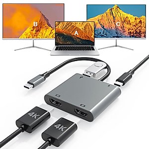 USB C to Dual HDMI Adapter, Fophmo 4K@60Hz with 100W PD, USB-A, Support C to 2 HD Splitter Extended Display for Type C Devices (MST is not Supported on MacOS)