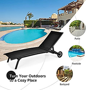 Tangkula Outdoor Chaise Lounge Chair, Patio Lounge Recliner with 6-Position Adjustable Backrest, Breathable Fabric and Smooth Wheels, Outdoor Lounge Chair (2, Black)