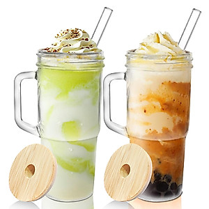 ONEHAUS Glass Cups with Lids and Straws 2 Packs - 24oz Glass Tumbler with Handle, Mason Jar with Lid and Straw -Wide Mouth Reusable Drinking Glasses, Smoothie Tumbler Iced Coffee Cup Travel Mug