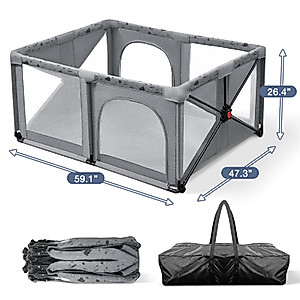 Foldable Baby Playpen, ALVOD 59 * 47 inches Portable Playpen for Babies and Toddlers Indoor & Outdoor Kids Safety Playpen with Carrying Bag, Dark Gray