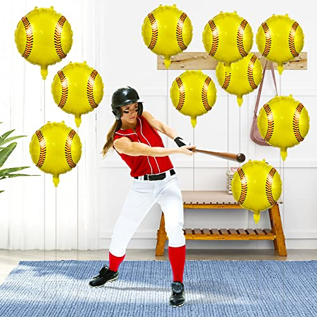 10 Pieces Softball Balloons Decorations,18 inches Softball Foil Balloons for Sports Themed Birthday Party Supplies Softball Balloons for Girls Kids Teens Birthday Baby Shower Party Decoration