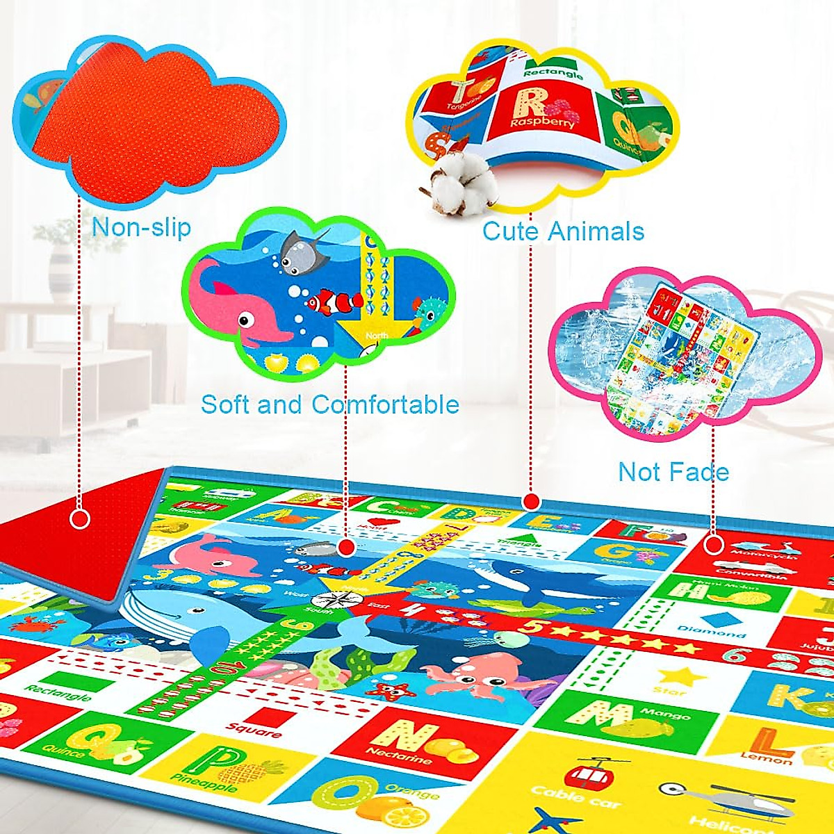 44" x 59" Baby Play Mats for Floor, Baby Crawling Mat, Kids Play Rug, Foldable Non Slip Tummy Time Mat Soft Plush Surface Baby Playmat for Toddlers & Infants, Classroom Playroom Bedroom Activity Mat