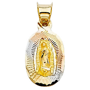 Ioka 14K Tri Color Gold Diamond Cut Our Lady of Guadalupe Stamp Charm Pendant with 1.5mm Valentino Chain Necklace - 18"