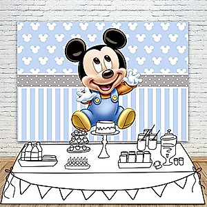 Blue Mickey Mouse 1/2 Birthday Backdrop 7x5 White Micky Mouse Head Background for 1st Birthday Vinyl Baby Mickey Mouse Backdrops Baby Shower for Boy