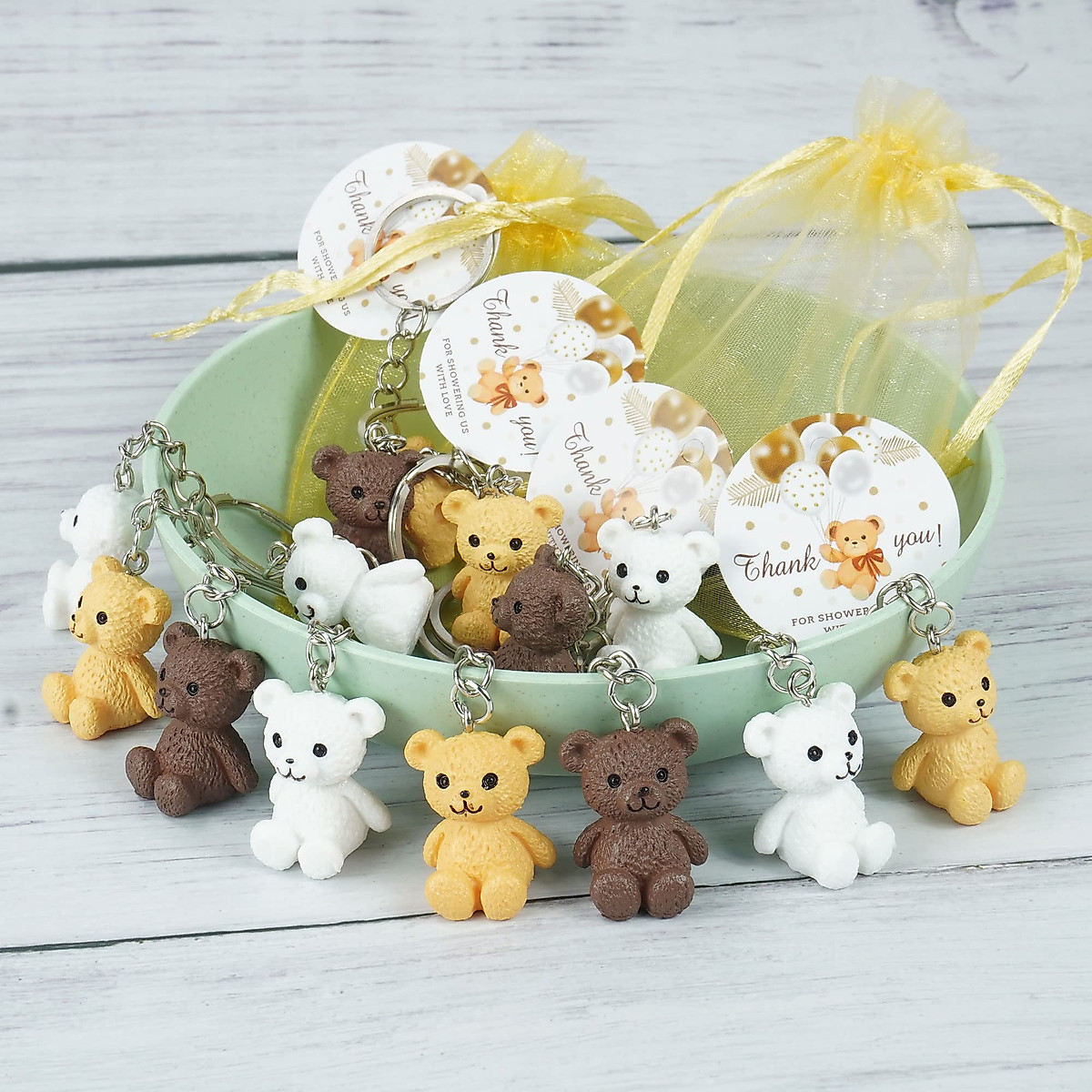BUYWUMORE 18 Sets Bear Party Favors Mini Bear Keychains with Gold Organza Bags Thank You Tags for Baby Shower Bear Theme Party Return Favors Goodie Bag Decor Classroom Rewards Supplies（Mini Bear）