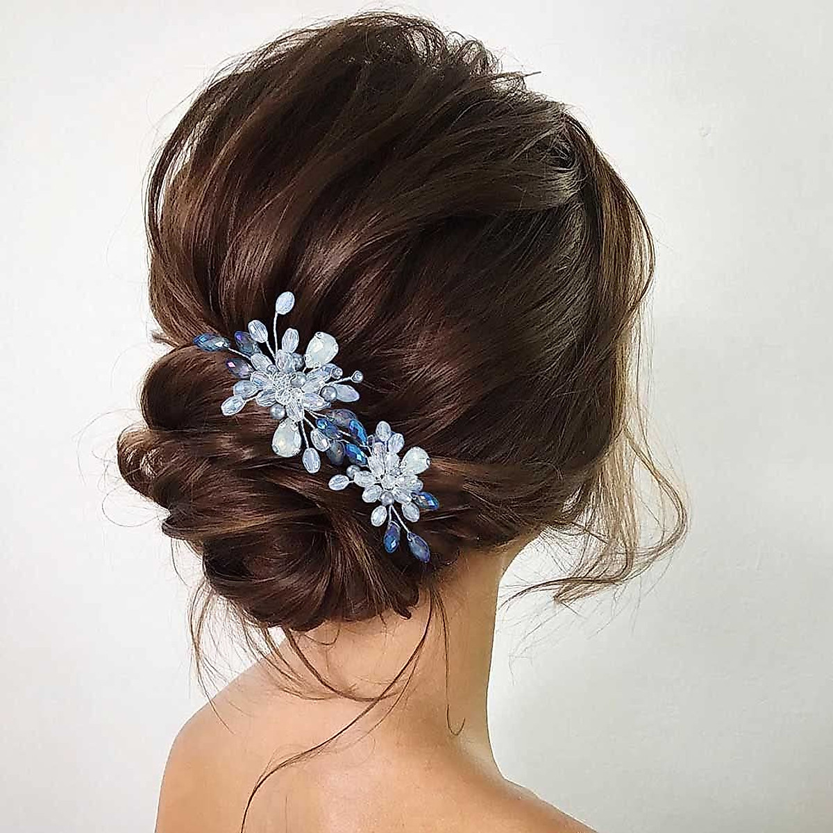 YBSHIN Bride Wedding Blue Hair Pins Silver Crystal Hair Clips Rhinestone Bridal Headpieces Beaded Hair Accessories for Women and Girls (Pack of 2)