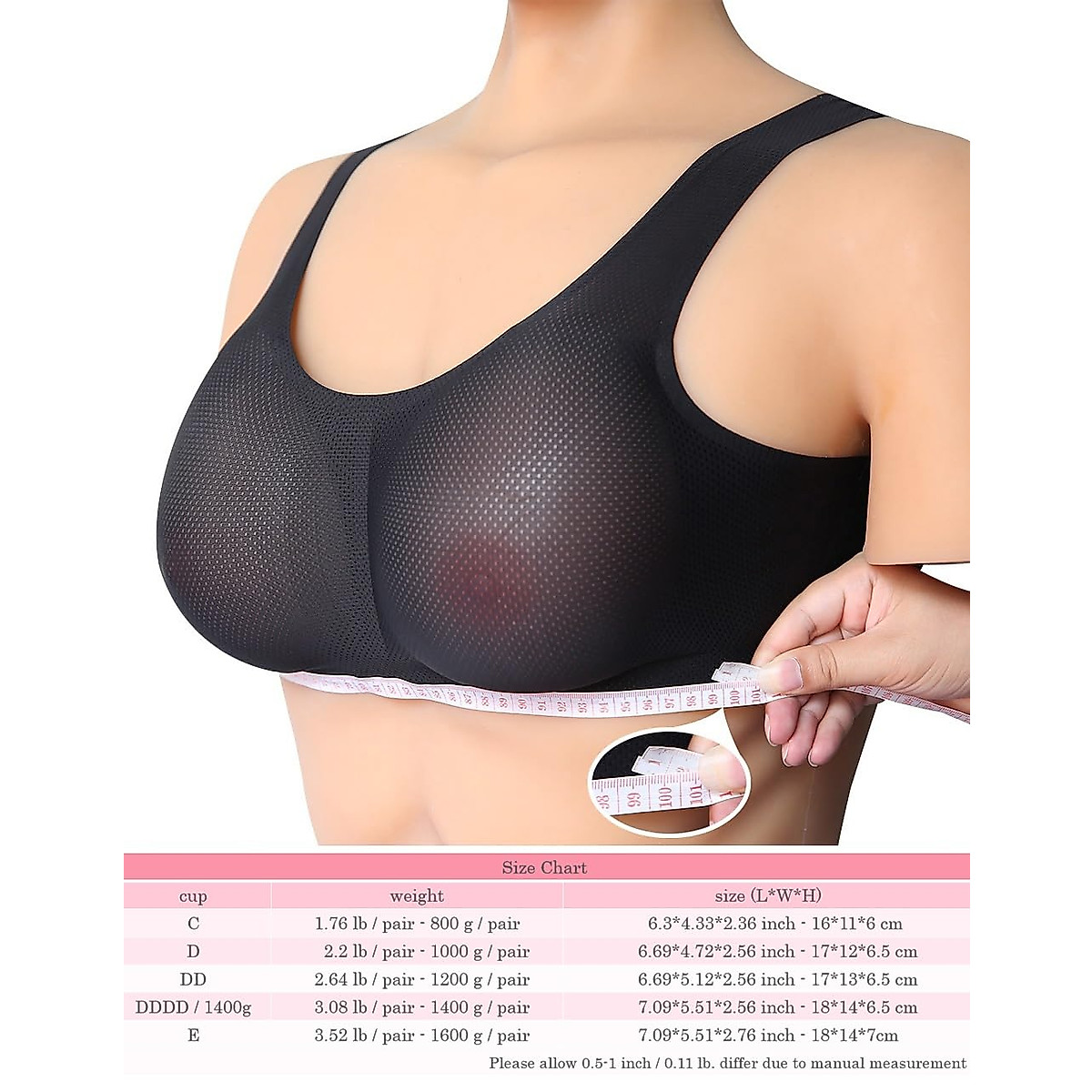 Waterdrop Silicone Breast Forms with Mesh Pocket Bra Set for Mastectomy (Black C Cup- 800g)