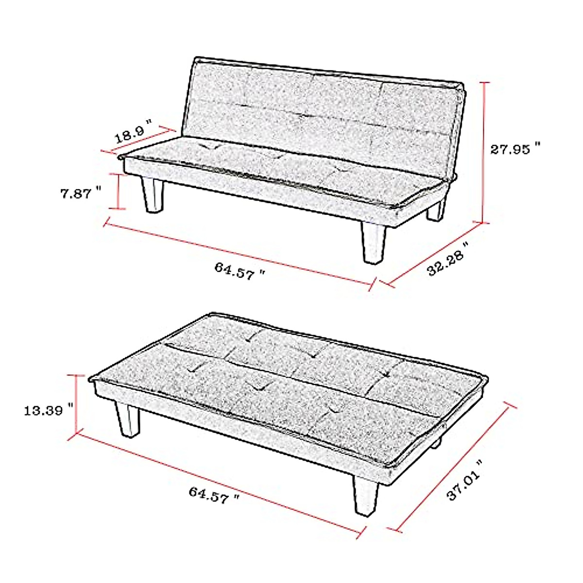 petolovty Modern Fabric Convertible Folding Futon Sofa Bed, Folding Recliner Lounge Futon Couch for Living Room, Loveseats Sofa Bed for Compact Living Room, 64.57x32.28x27.95inch(WxDxH)