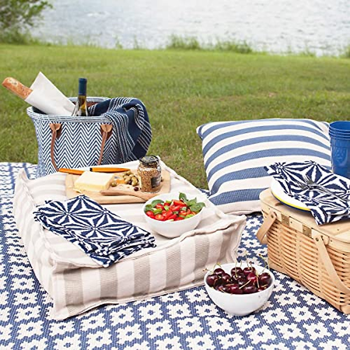 Dash and Albert Samode Indoor/Outdoor Area Rug - 2.5' x 12' Runner Denim & Ivory Diamond Handwoven Washable Accent Rug - Durable, Fade Resistant, High Traffic