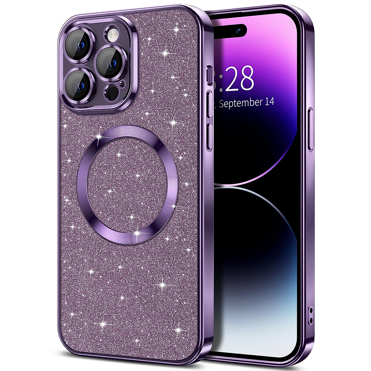 Hython for iPhone 14 Pro Max Case Glitter, Clear Magnetic Phone Cases with Camera Lens Protector [Compatible with MagSafe] Bling Sparkle Plating Soft TPU Slim Shockproof Protective Cover Women-Purple