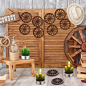 Junkin 24 Pcs Western Theme Party Decorations Birthday Table Centerpieces Mini Cactus Candles Horseshoes Wagon Wheels Horse Rodeo Decor for Crafts Wedding Party Favor (Cactus Candles, Wagon Wheels)