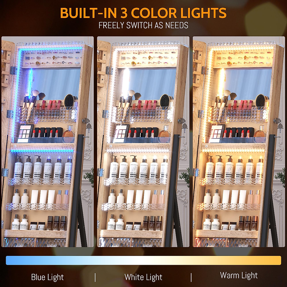 LVSOMT LED Standing Jewelry Mirror Cabinet, Stand Up Full Length Mirror with Storage, Lockable Floor Jewelry Armoire Organizer with 2 Drawers, Bottom Shelf, Built-in Lighted Makeup Mirror (Brown)