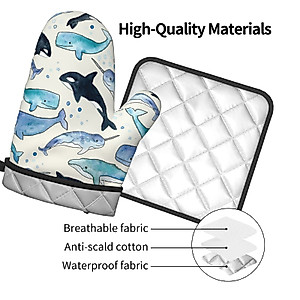Cute Whale Oven Mitts and Pot Holders Sets of 2, Non-Slip Cooking Hot Pads Washable Heat Resistant for Kitchen Microwave BBQ Baking Grilling