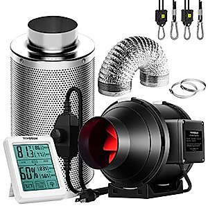 VIVOSUN 4 Inch 190 CFM Inline Fan with Speed Controller, 4 Inch Carbon Filter and 8 Feet of Ducting, Temperature Humidity Monitor for Grow Tent Ventilation