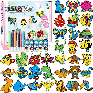 CAPKIT 36Pcs Suncatcher Kits for Kids, Window Art Kids Crafts, 11 Paints for Creative DIY, Arts and Crafts Gift for Kids Children 4-8
