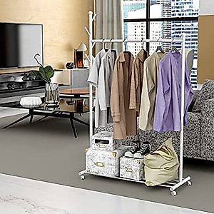 EKNITEY Clothes Garment Rack Portable - Rolling Clothing Organizer Rack on Wheels with Bottom Shelves (White)