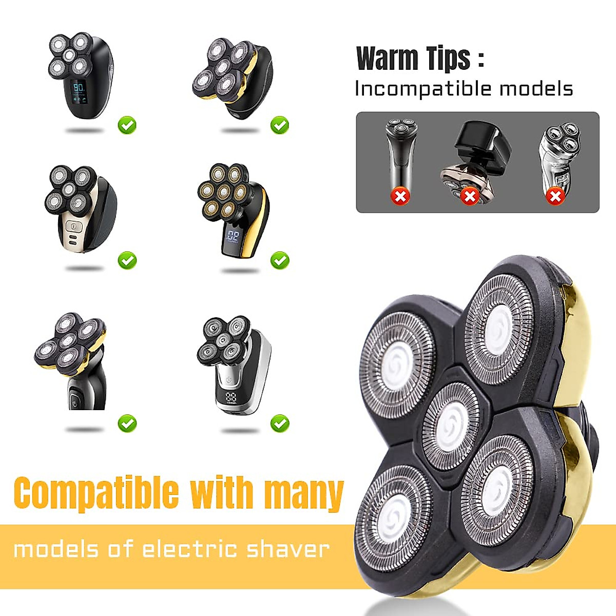 Shaver Blade Heads, 5 Heads Beard Cutter Replacement Blade Easy Install Electric Razor Shaver Head for Head and Face (Gold)