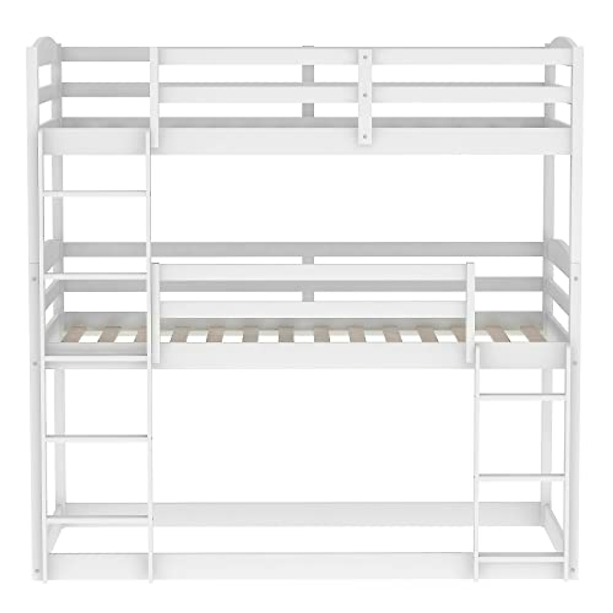 Lifeand Twin Over Twin Over Twin Triple Bunk Bed with 2 Built-in Ladders,Wooden Floor Bunk Bedframe with Safety Guardrail & Ladder for 3 Kids Teens,White