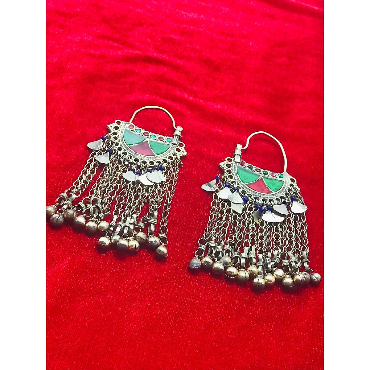 Red and Green Oversized Bells Chaandbaliyaan, Massive Kuchi Boho Earrings With Long Bells, Traditional Afghani Earrings, Vintage Jewelry