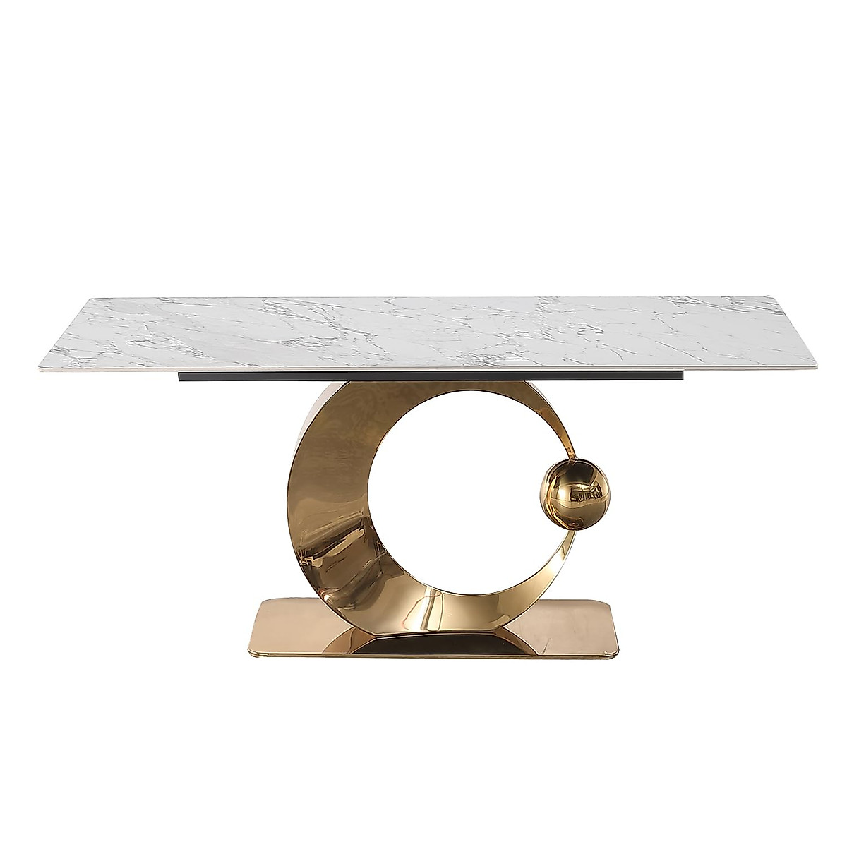 Voohek, Gold 71" Modern Sintered Stone Rectangular Dining Table with Unique C-Shaped Striped Pedestal Base and Anti-Collision Rounded Corner Design, for 6-8 People