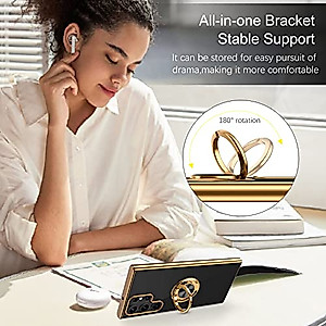BENTOBEN Samsung S22 Ultra Case, 360° Ring Holder Kickstand Support Car Mount Elegant Plating Edge Slim Shockproof Soft TPU Protective Phone Cover for Samsung Galaxy S22 Ultra 6.8" 2022, Black/Gold