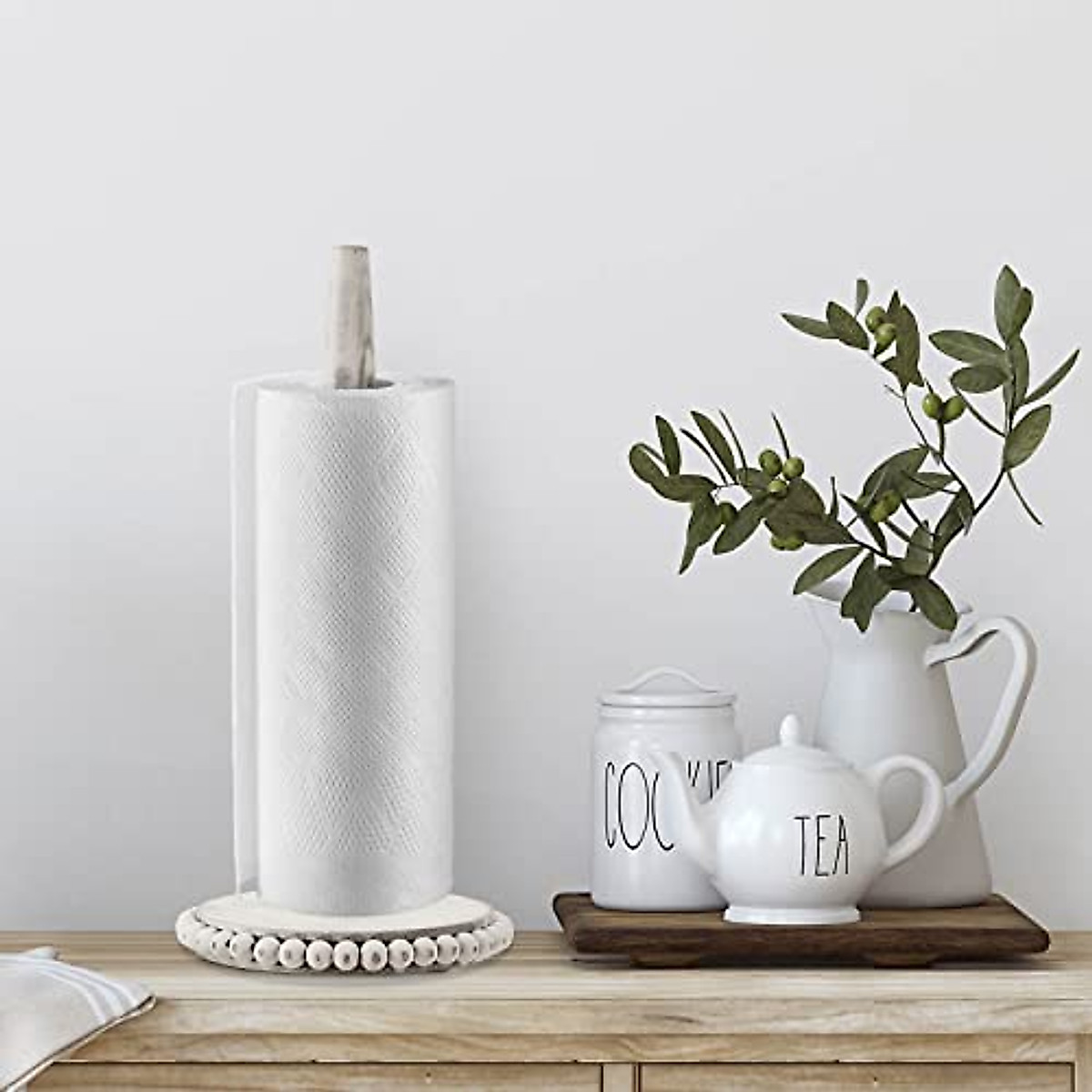 Farmhouse Paper Towel Holder Washed Beaded Paper Towel Stand Wood Paper Hanger Rack Standing Towel Roll Stand Organizer Paper Roll Holder Roll Dispenser for Kitchen Bathroom Countertop Cabinet, White