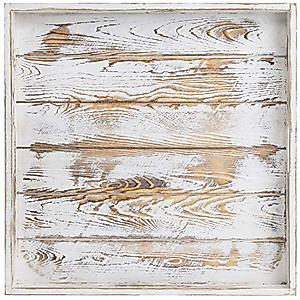 MyGift Whitewashed Wood Large Serving Tray with Handles, 19 Inch Square Decorative Tray for Ottoman, Breakfast, Tea, Coffee Table